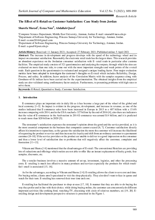 (PDF) The Effect of E-Retail on Customer Satisfaction: Case Study from Jordan