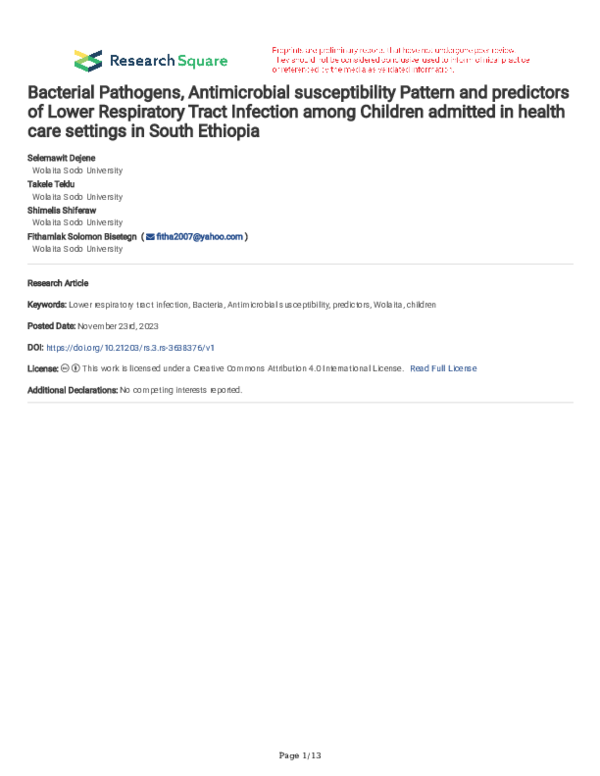 (PDF) Bacterial Pathogens, Antimicrobial susceptibility Pattern and predictors of Lower ...