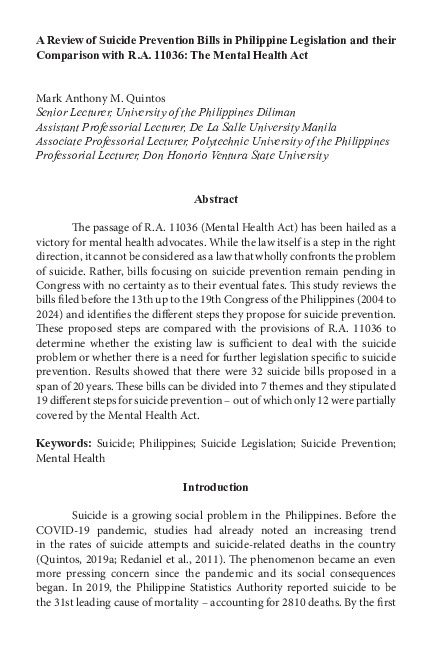 (PDF) A Review of Suicide Prevention Bills in Philippine Legislation ...