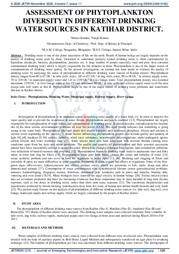 (PDF) Assessment of Phytoplankton Diversity in Different Drinking Water Sources in Katihar ...