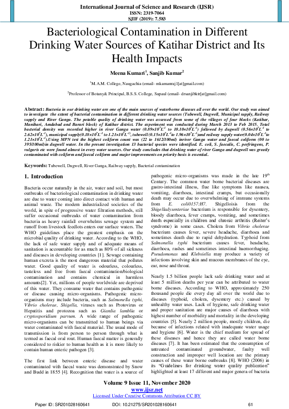 (PDF) Bacteriological Contamination in Different Drinking Water Sources of Katihar District and ...