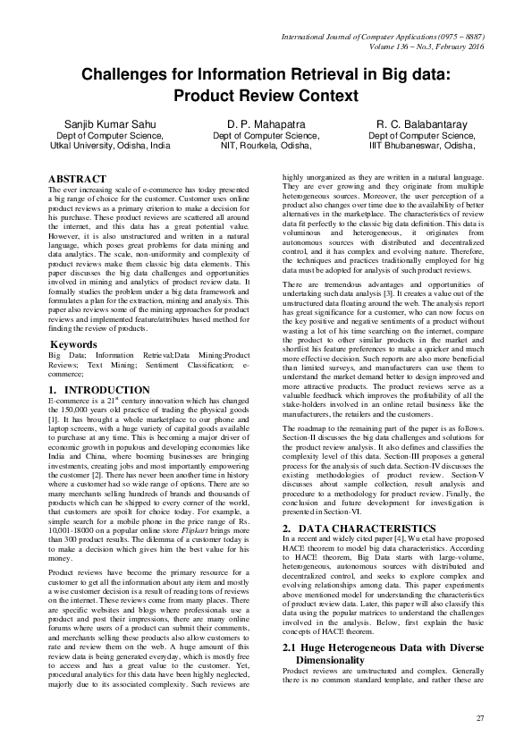 (PDF) Challenges for Information Retrieval in Big data: Product Review ...
