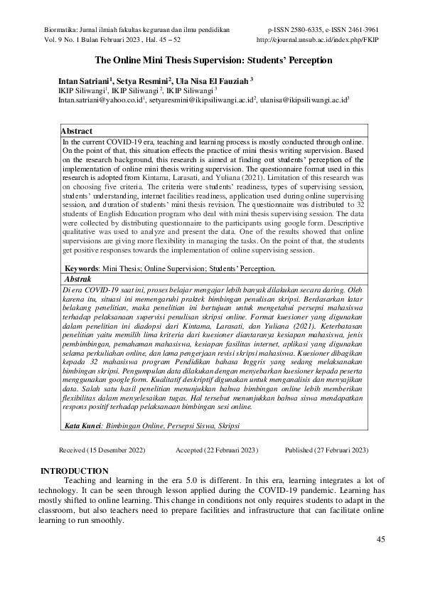 (PDF) Online Mini Thesis Supervision: Students’ Perception