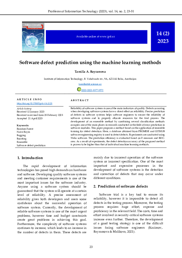 (PDF) Software Defect Prediction Using the Machine Learning Methods