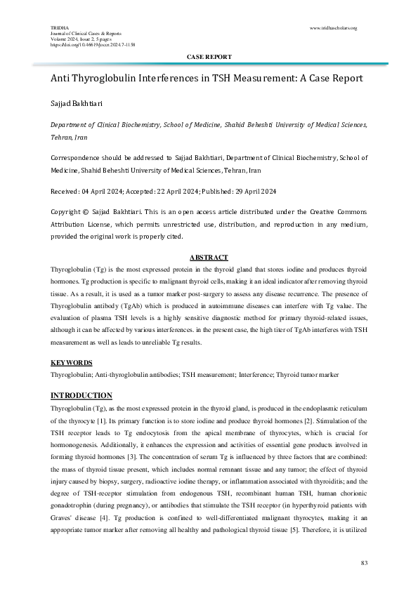 (PDF) Anti Thyroglobulin Interferences in TSH Measurement: A Case ...