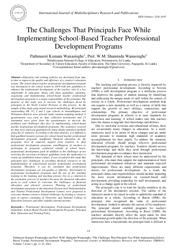 (PDF) The Challenges That Principals Face While Implementing School-Based Teacher Professional ...