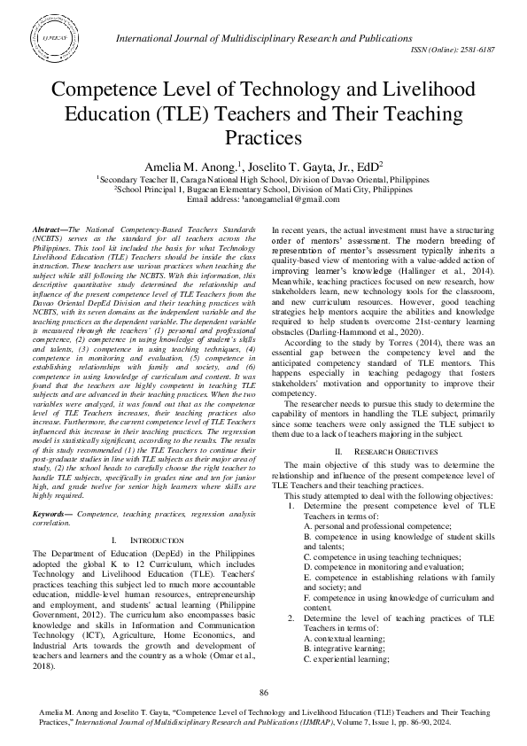 (PDF) Competence Level of Technology and Livelihood Education (TLE ...