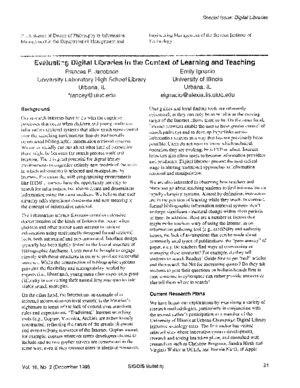 (PDF) Evaluating digital libraries in the context of learning and teaching