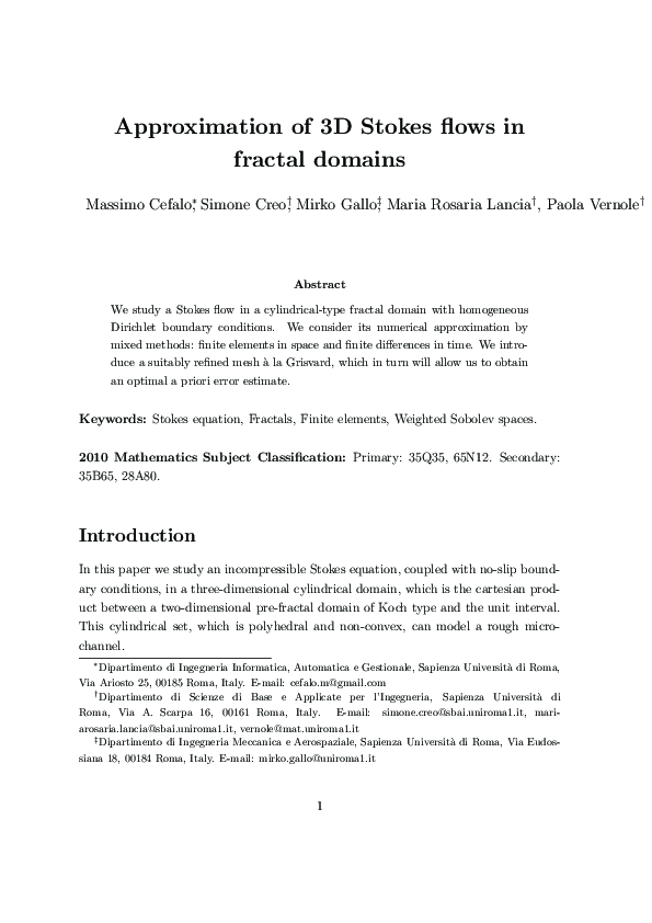(PDF) Approximation of 3D Stokes Flows in Fractal Domains | Maria Rosaria Lancia - Academia.edu