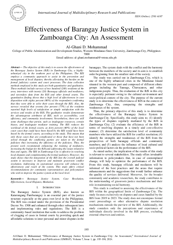 (PDF) Effectiveness of Barangay Justice System in Zamboanga City: An ...