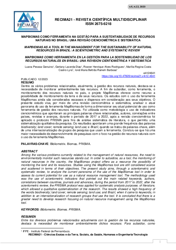 (PDF) Mapbiomas Como Ferramenta Na Gestão Para a Sustentabilidade De Recursos Naturais No Brasil ...