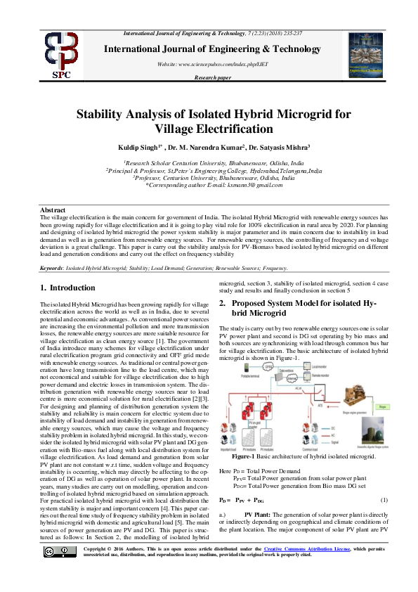 (PDF) Stability Analysis of Isolated Hybrid Microgrid for Village Electrification