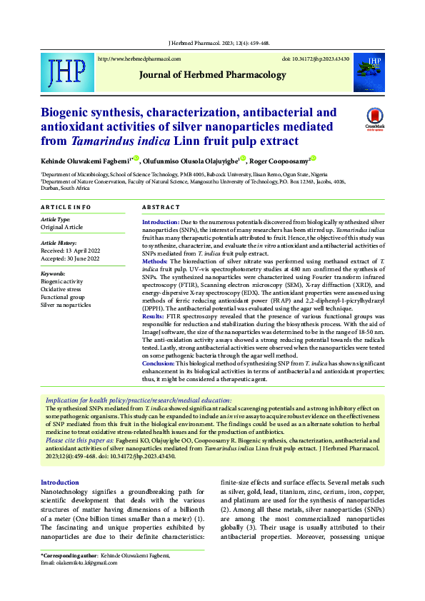 (PDF) Biogenic synthesis, characterization, antibacterial and antioxidant activities of silver ...