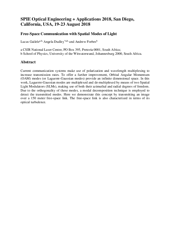(PDF) Free-space communication with spatial modes of light