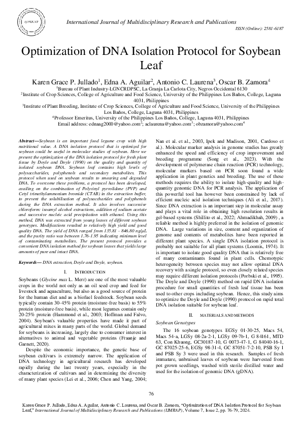 Pdf Optimization Of Dna Isolation Protocol For Soybean Leaf