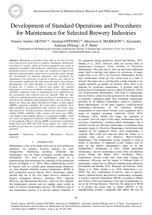 (PDF) Development of Standard Operations and Procedures for Maintenance ...