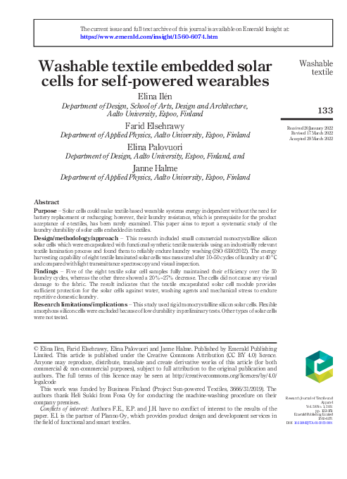 (PDF) Washable textile embedded solar cells for self-powered wearables