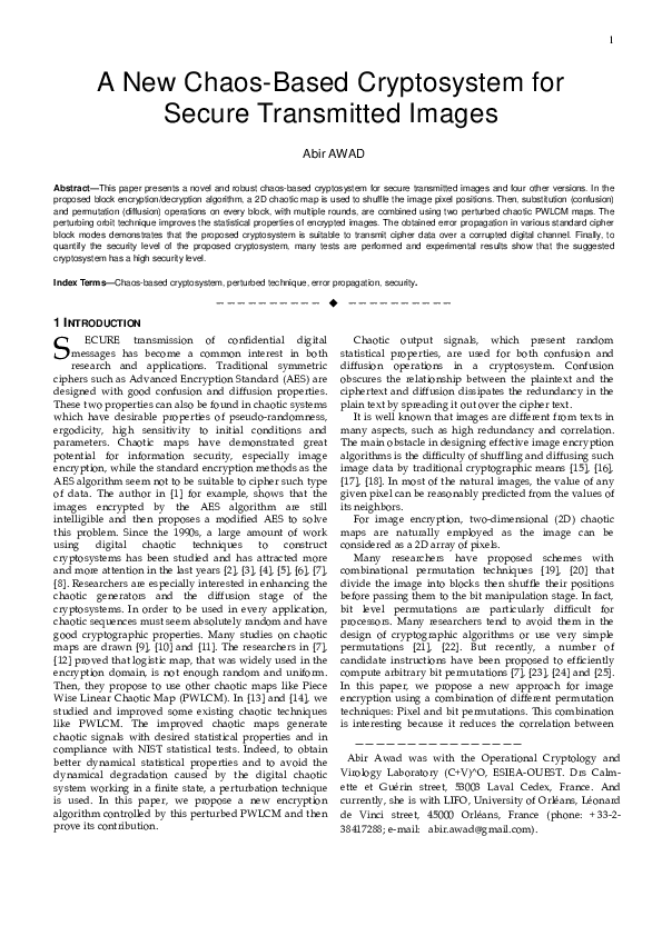 (PDF) A New Chaos-Based Cryptosystem for Secure Transmitted Images