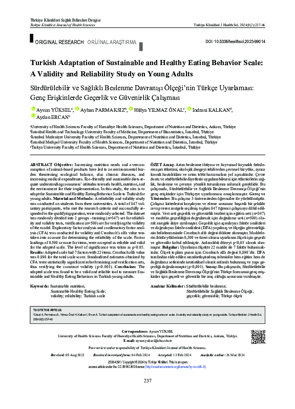 (PDF) Turkish Adaptation of Sustainable and Healthy Eating Behavior ...