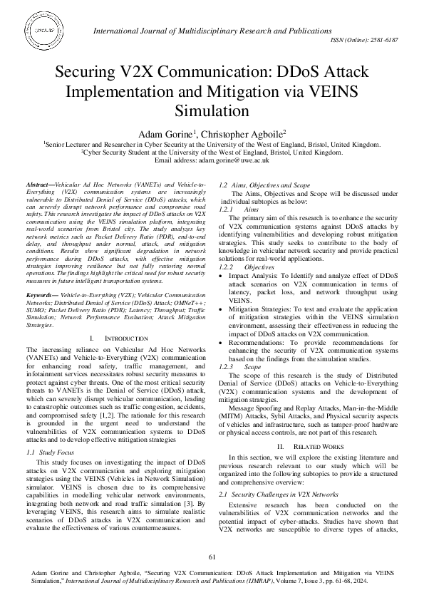 (PDF) Securing V2X Communication: DDoS Attack Implementation and Mitigation via VEINS Simulation
