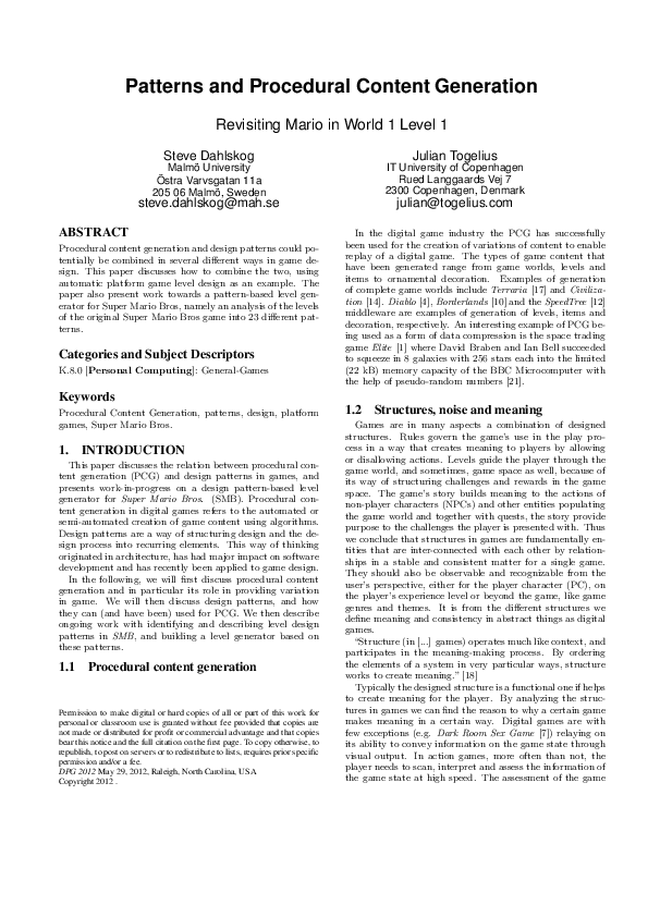 (PDF) Patterns and procedural content generation