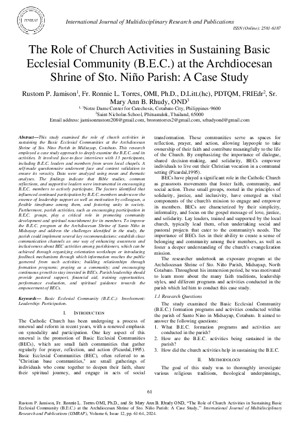 (PDF) The Role of Church Activities in Sustaining Basic Ecclesial Community (B.E.C.) at the ...