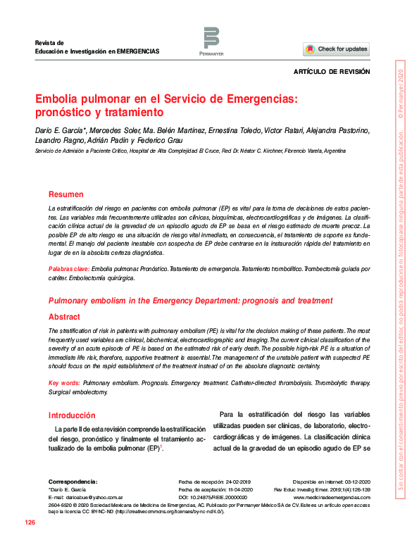 (PDF) Embolia pulmonar en el Servicio de Emergencias: pronóstico y ...