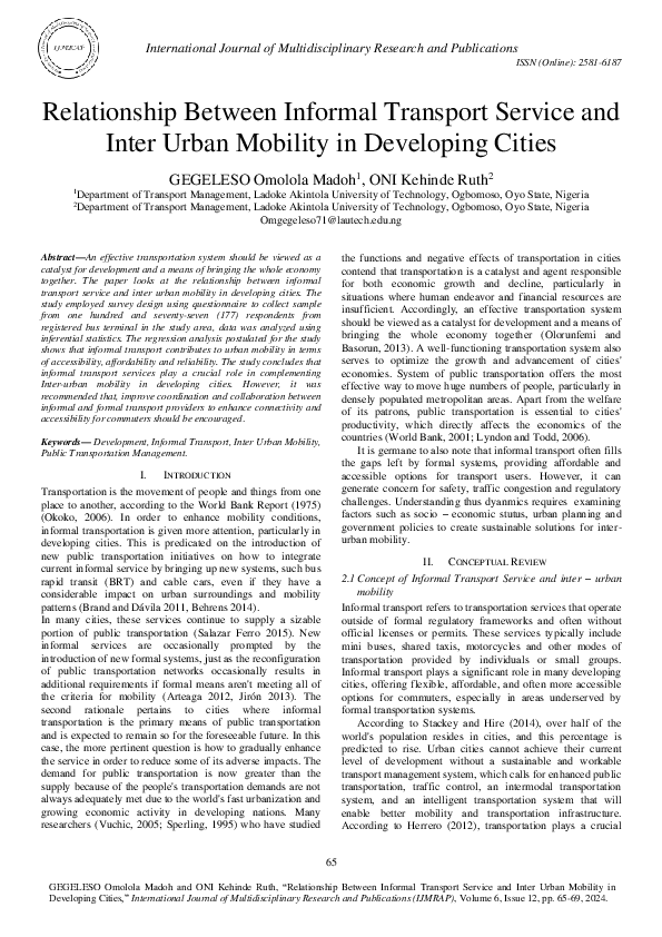 (PDF) Relationship Between Informal Transport Service and Inter Urban ...