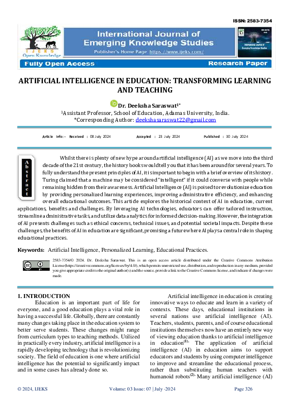 (PDF) ARTIFICIAL INTELLIGENCE IN EDUCATION: TRANSFORMING LEARNING AND TEACHING