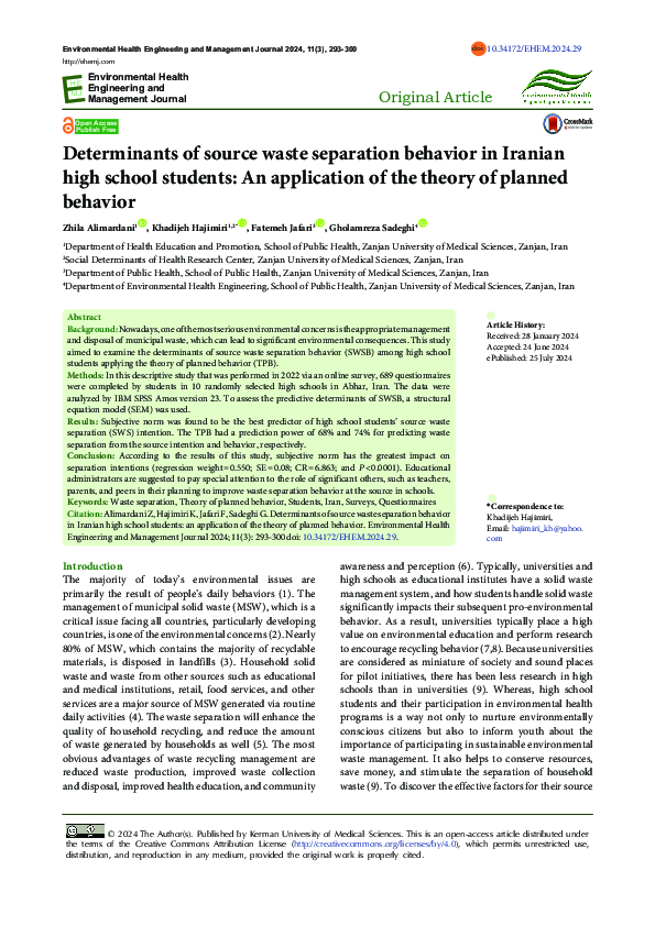 (PDF) Determinants of source waste separation behavior in Iranian high ...