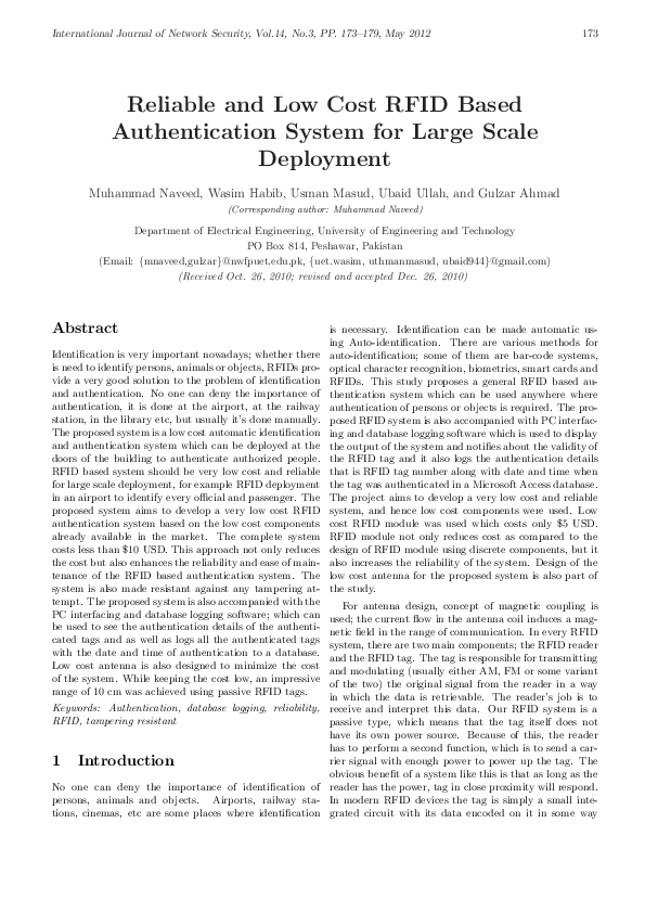 Pdf Reliable And Low Cost Rfid Based Authentication System For Large Scale Deployment
