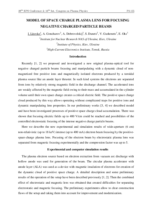 (PDF) Model of space charge plasma lens for focusing negative charged ...