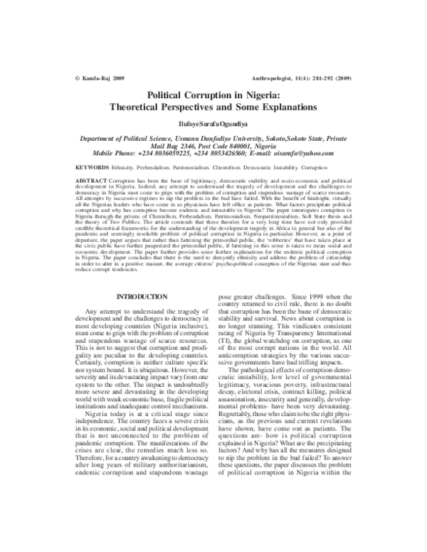 (PDF) Political Corruption in Nigeria: Theoretical Perspectives and Some Explanations