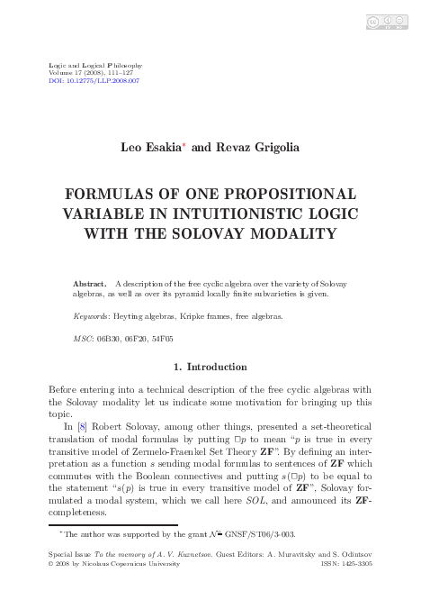 Pdf Formulas Of One Propositional Variable In Intuitionistic Logic 4656