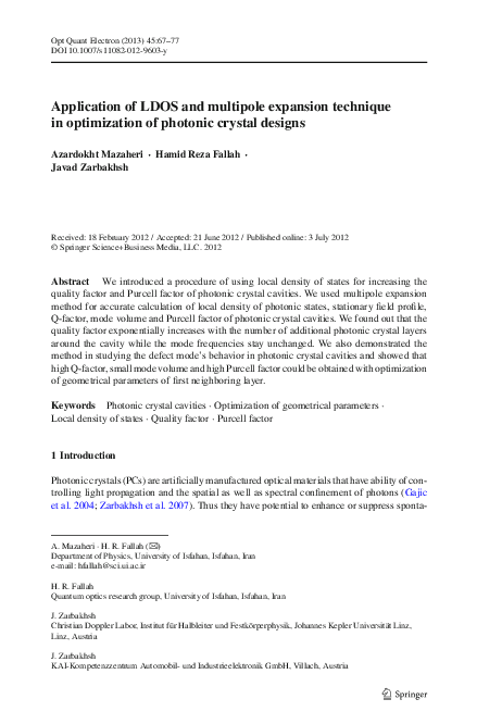 (PDF) Application of LDOS and multipole expansion technique in optimization of photonic crystal ...