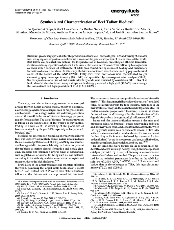 (PDF) Synthesis and Characterization of Beef Tallow Biodiesel
