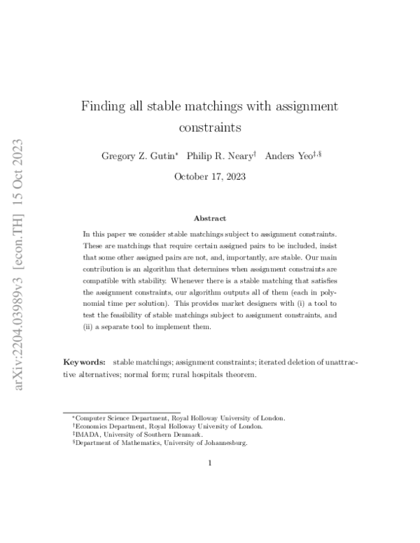 (PDF) Finding All Stable Matchings with Assignment Constraints