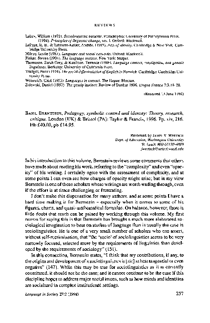 (PDF) Basil Bernstein, Pedagogy, symbolic control and identity: Theory, research, critique ...