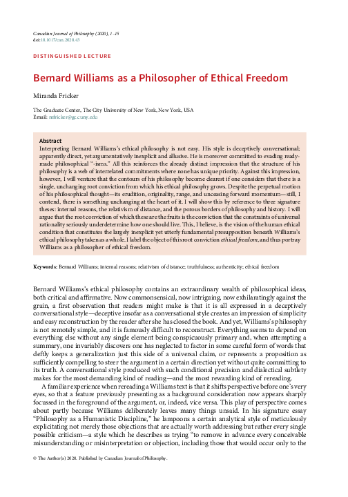 (PDF) Bernard Williams as a Philosopher of Ethical Freedom | Miranda ...
