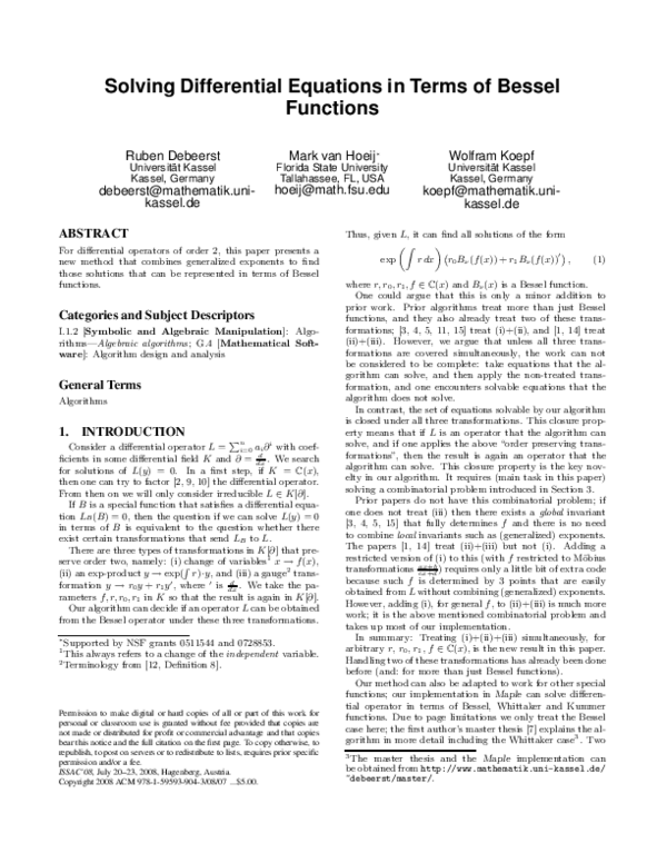 (PDF) Solving differential equations in terms of bessel functions