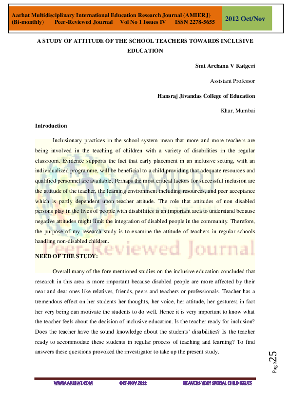 (PDF) A Study of Attitude of The School Teachers towards Inclusive Education