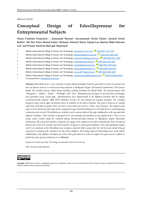 (PDF) Conceptual Design of Eduvillepreneur for Entrepreneurial Subjects