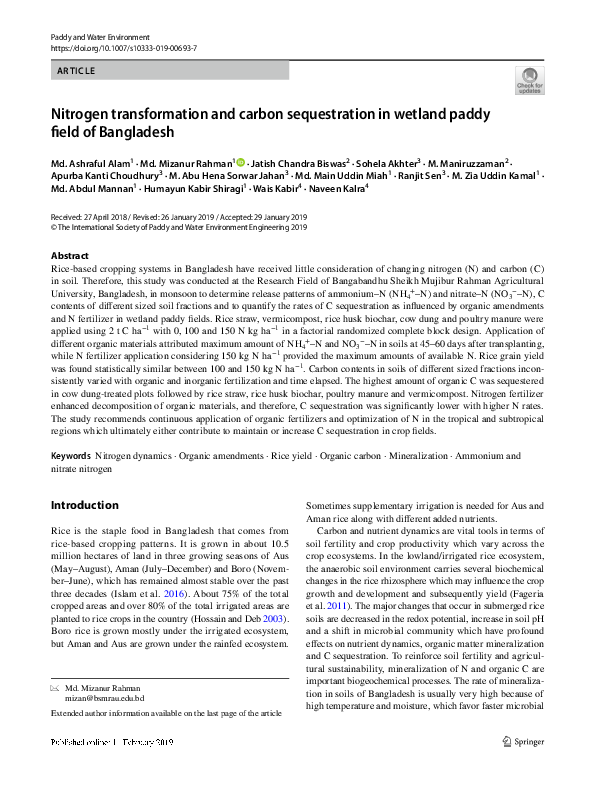 (PDF) Nitrogen transformation and carbon sequestration in wetland paddy field of Bangladesh