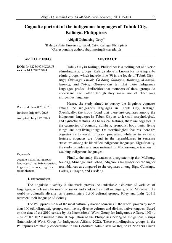 (PDF) Cognatic portrait of the indigenous languages of Tabuk City ...