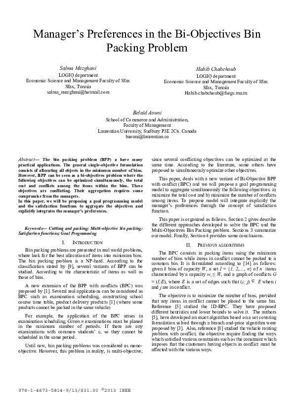 (PDF) Manager's preferences in the Bi-Objectives Bin Packing Problem