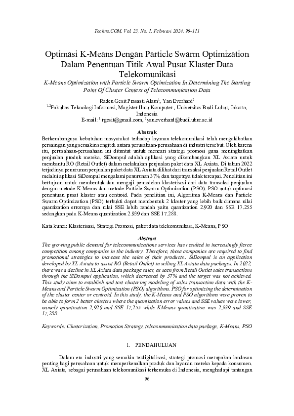 (PDF) Optimasi K-Means Dengan Particle Swarm Optimization (PSO) Dalam Penentuan Titik Awal Pusat ...