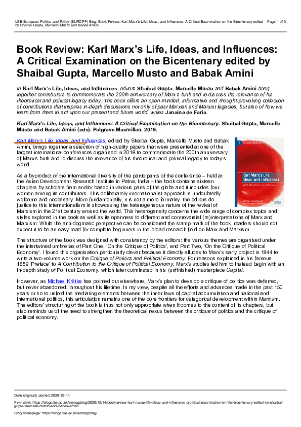 (PDF) Book review: Karl Marx’s life, ideas, and influences: a critical ...
