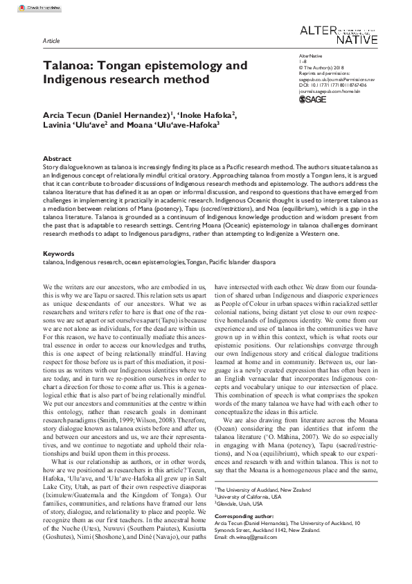 (PDF) Talanoa: Tongan epistemology and Indigenous research method