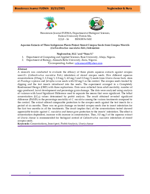 (PDF) Aqueous Extracts of Three Indigenous Plants Protect Stored Cowpea ...