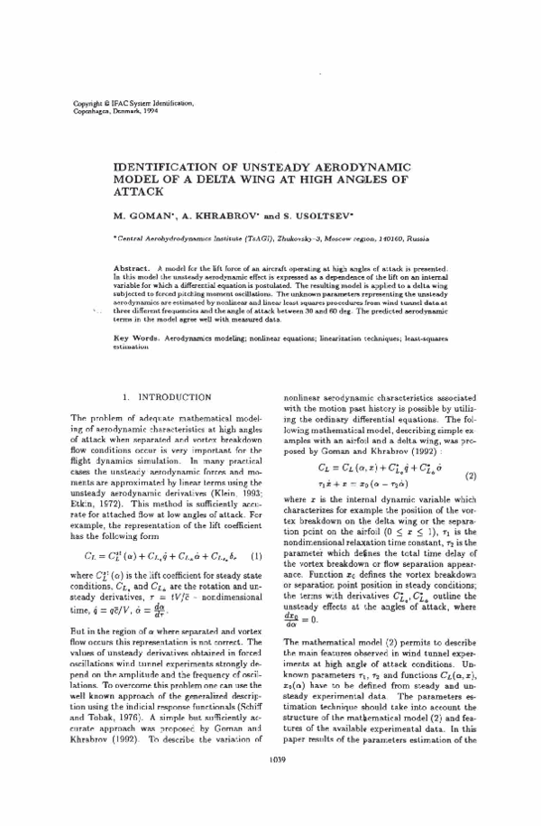 (PDF) Identification of an unsteady aerodynamic model at high angles of attack